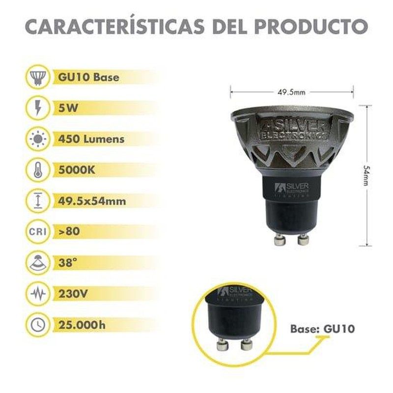 LED 5w GU10 5000K 450lm 38 Silver dicroica — Suministros online SUMICK ...